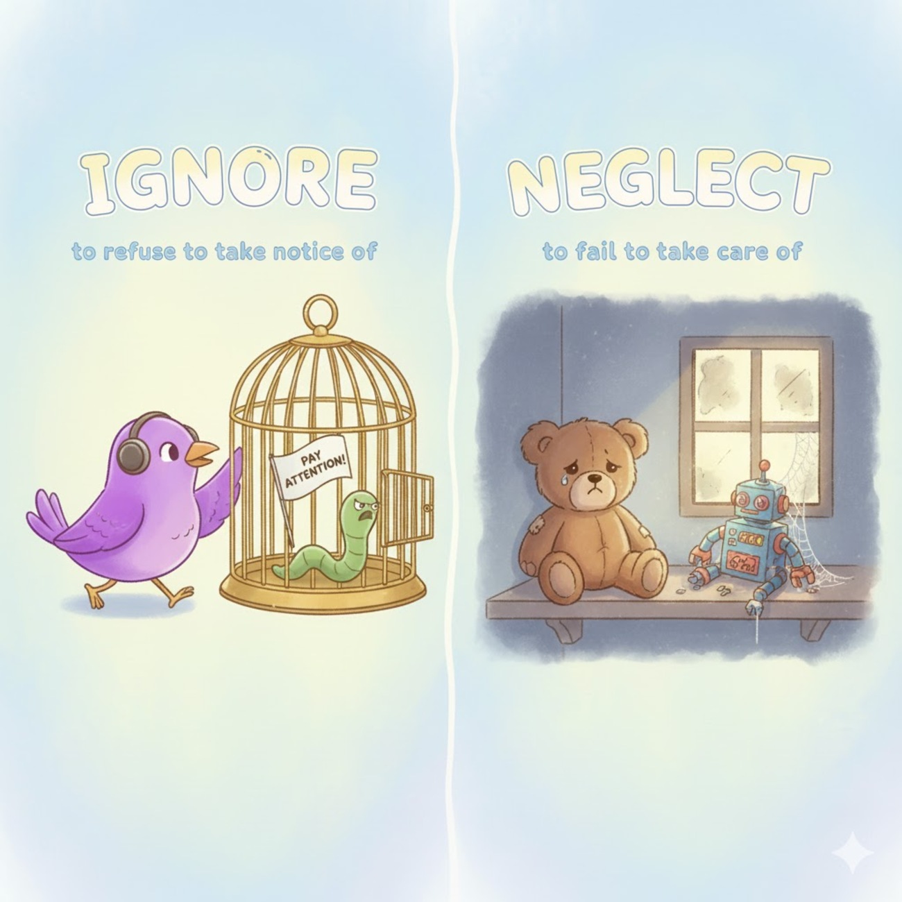 【英語】「ignore」と「neglect」の意味の違いを、Geminiにイラストにしてもらった - fanta_orange_grapeの ...