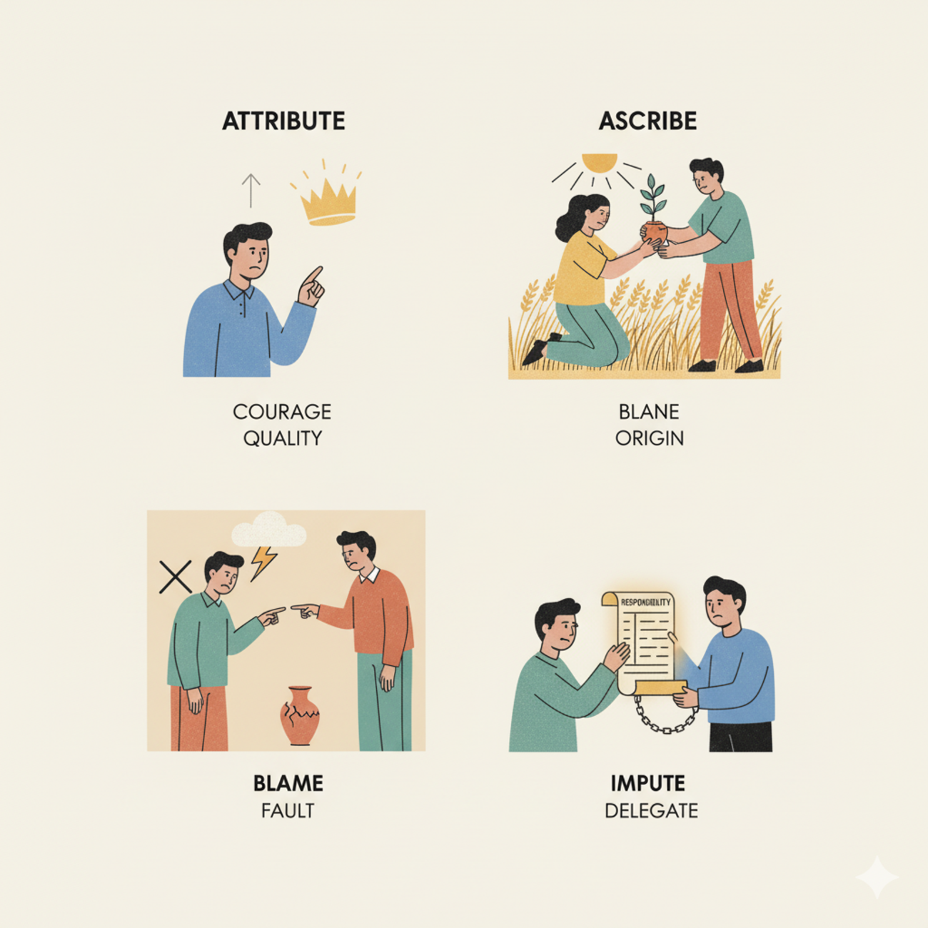 【英語】 ～のせいにする を意味する英単語（attribute, ascribe, blame, impute)の差をイラストにしてもらった ...