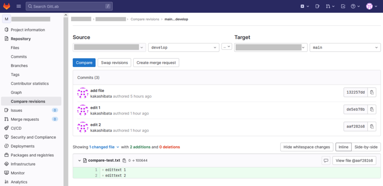 GitLab の Compare revisions の結果は多分 git log とトリプルドットの git diff - かかしのアウトプット練習