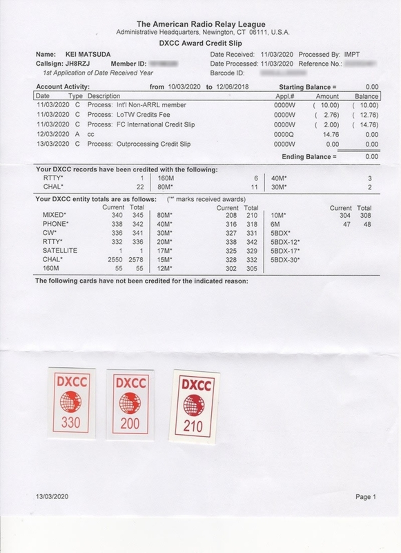 3月10日の DXCC Credit Slip が、かなり遅れて到着 - 無線のムに濁点 JH8RZJ