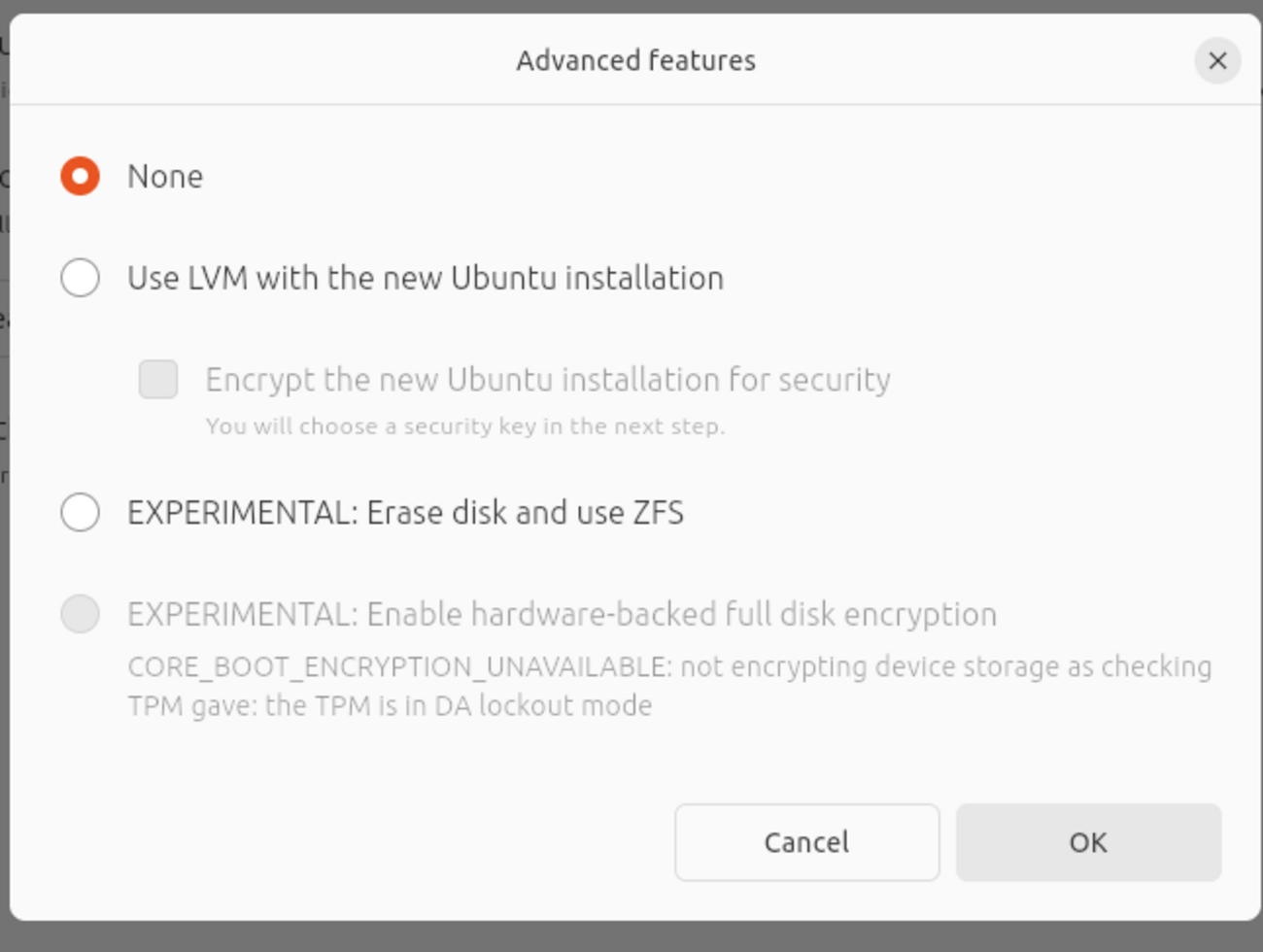 Ubuntuでディスク暗号化インストール時にTPM is in DA Lockout Modeエラー - 動かざることバグの如し