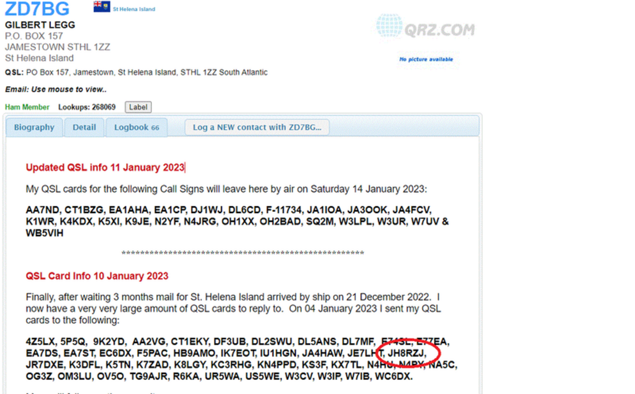 ZD7BG - St Helena QSL情報 - 無線のムに濁点 JH8RZJ