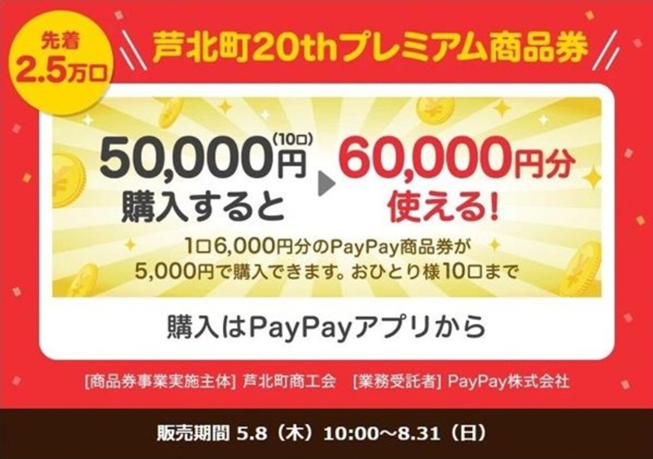 2025/8/31まで！先着！芦北町で使える20周年プレミアム商品券（PayPay商品券）6000円分を5000円で最大10口買えるかも！キャッシュレスキャンペーン！ - サイドバー シーナ