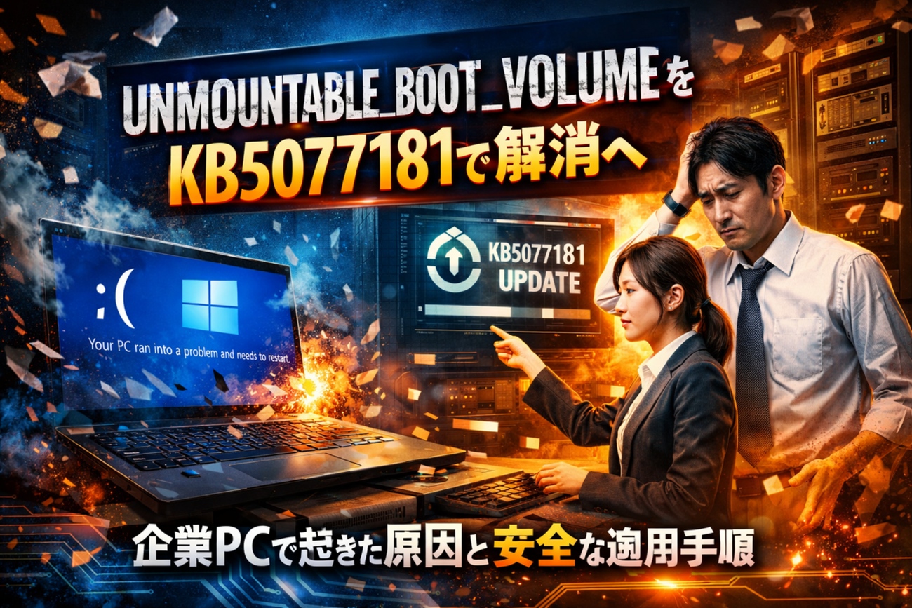Windows 11の起動不能「UNMOUNTABLE_BOOT_VOLUME」をKB5077181で解消へ──企業PCで起きた原因と安全な ...