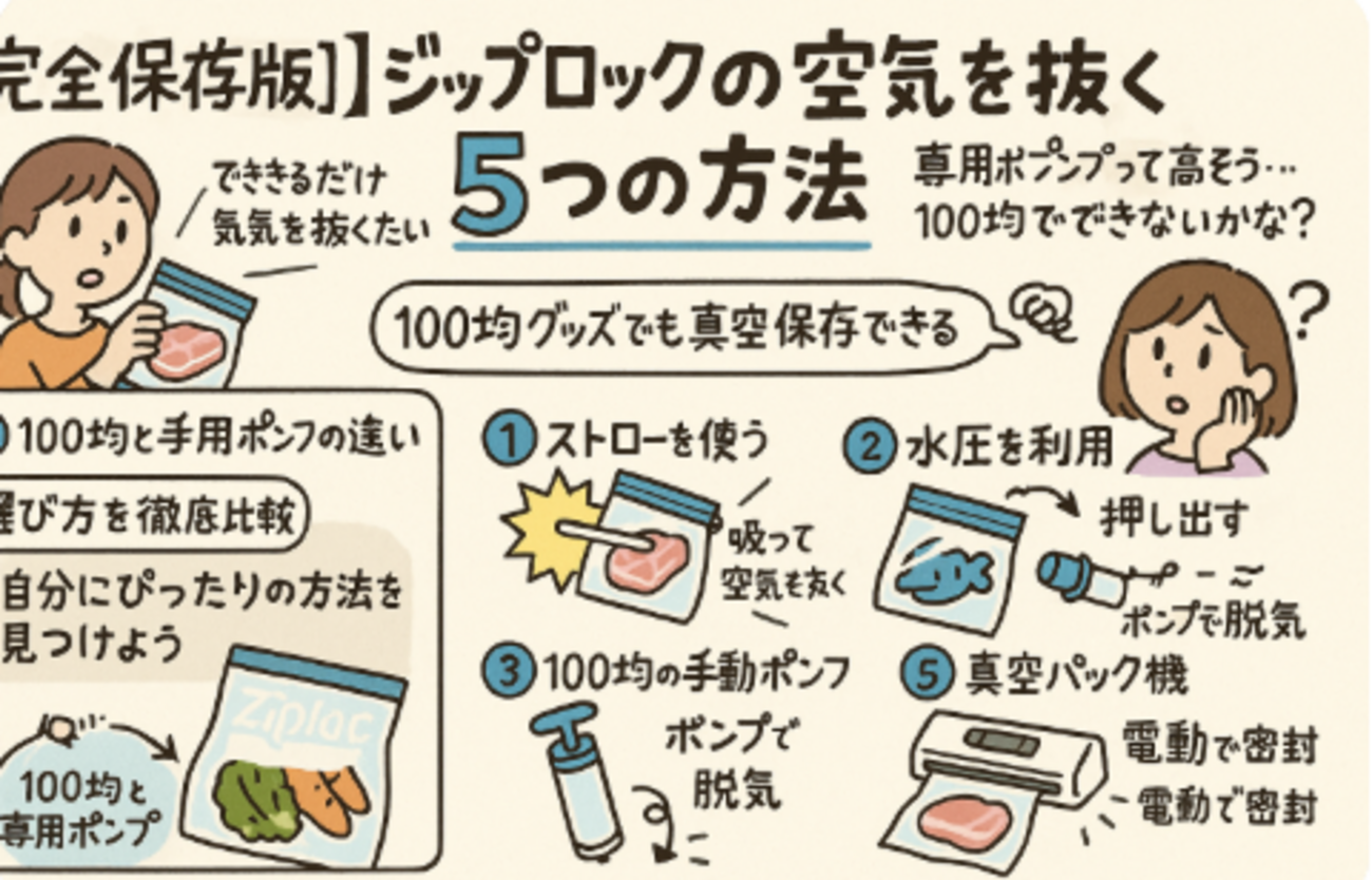 【完全保存版】ジップロックの空気を抜く5つの方法｜100均グッズでも真空保存できる？ - note’ no naka
